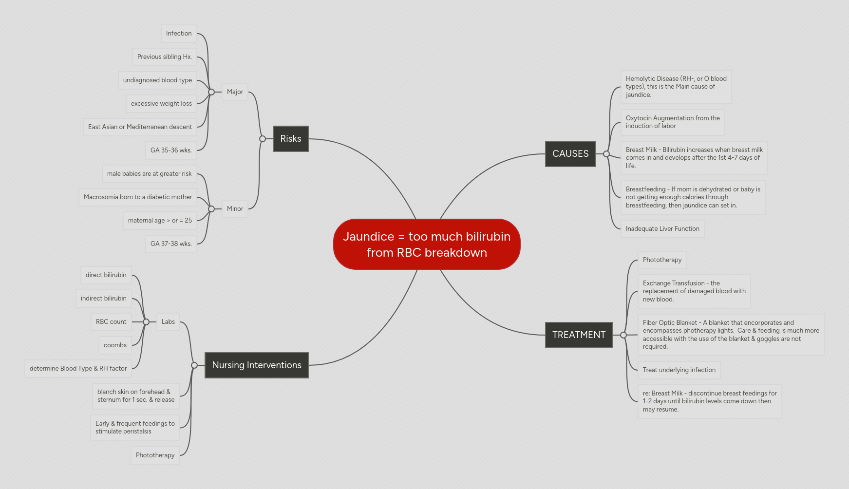 Jaundice = too much bilirubin from RBC breakdown | MindMeister Mind map